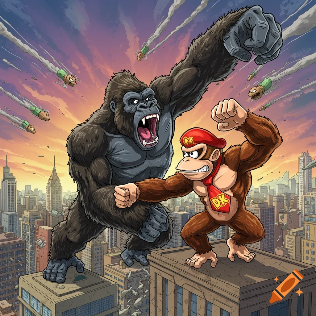 King Kong and Donkey Kong fight on city buildings. on Craiyon