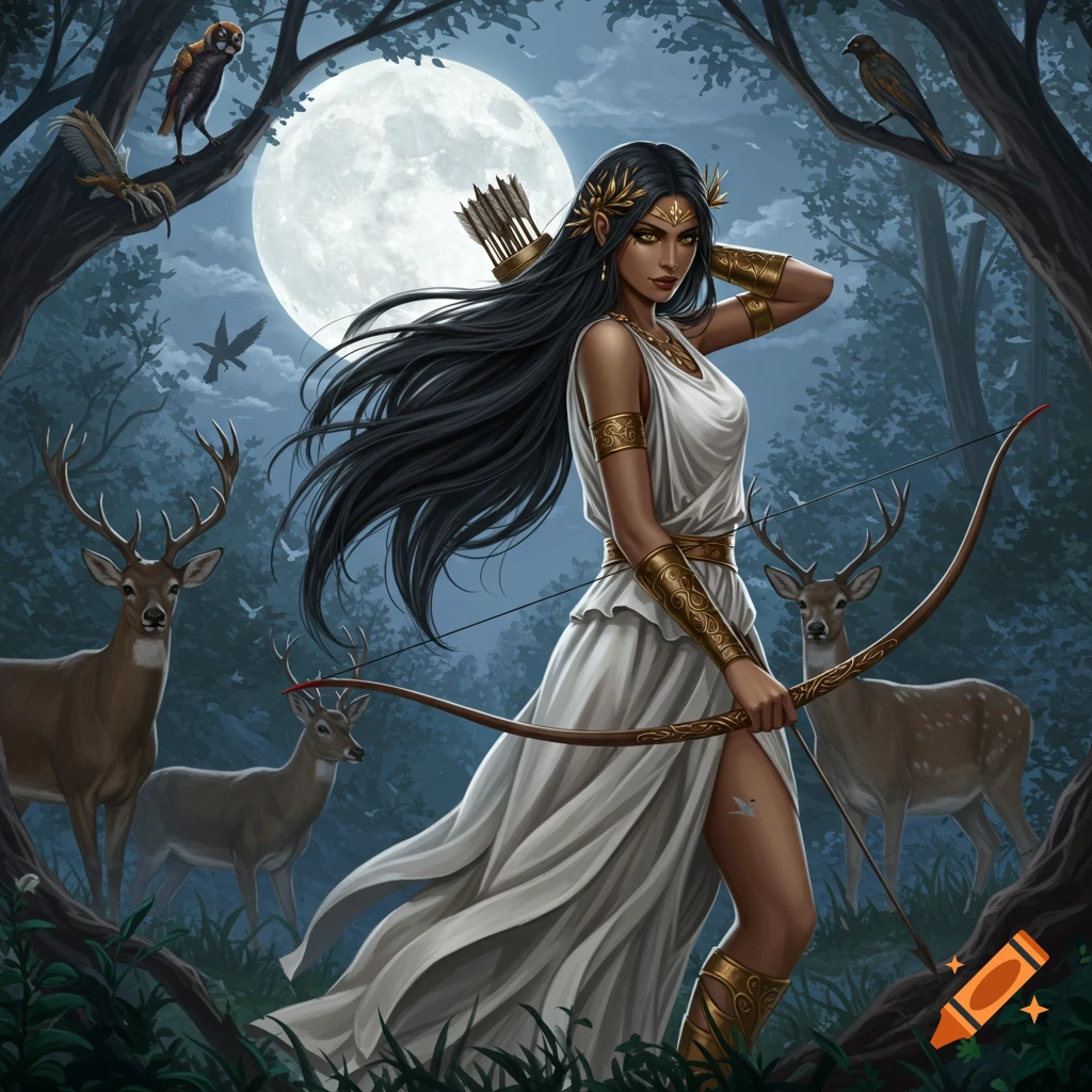 Artistic Depiction of Artemis, Greek Goddess of Hunt and Wilderness created on Craiyon