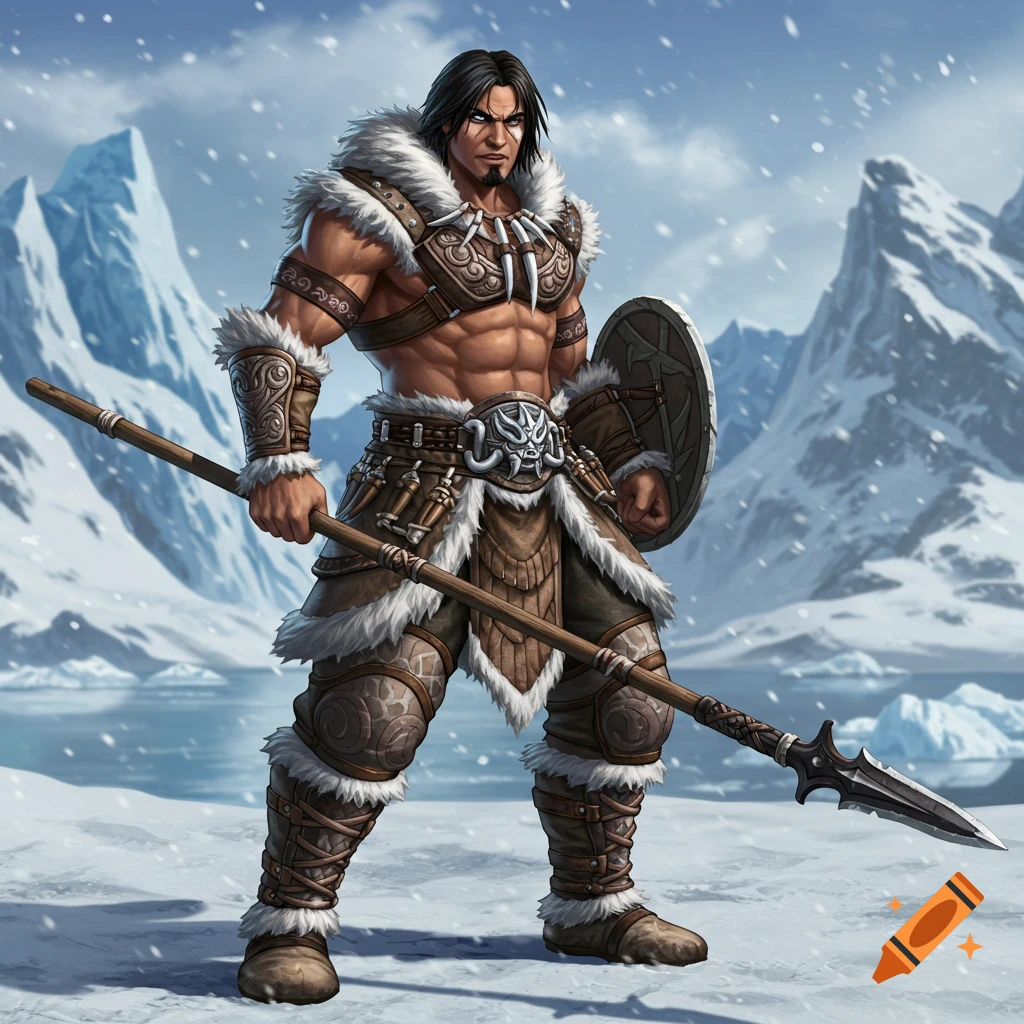 Illustration of a muscular male warrior in fur and leather armor ...
