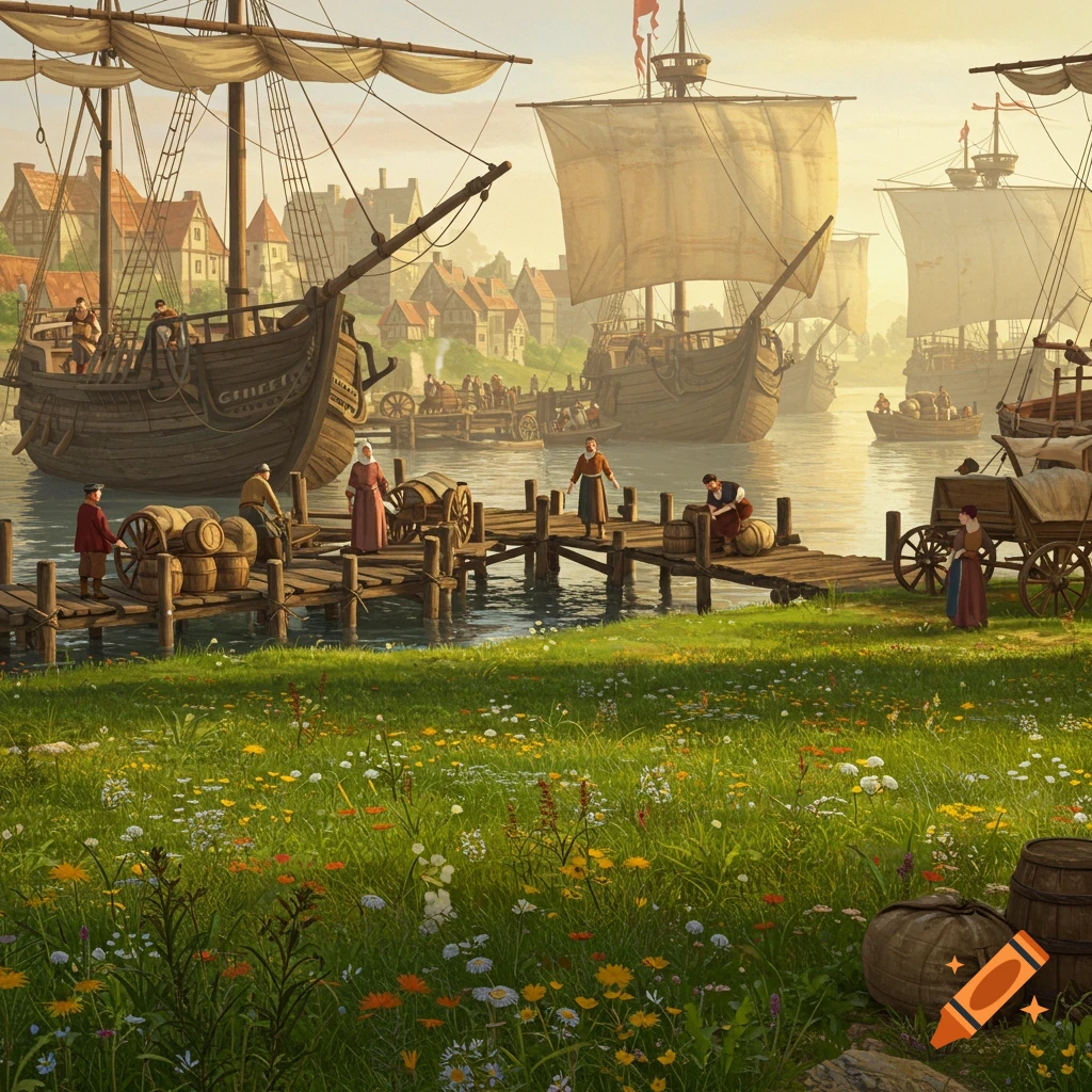 Medieval shipping port by a meadow on Craiyon