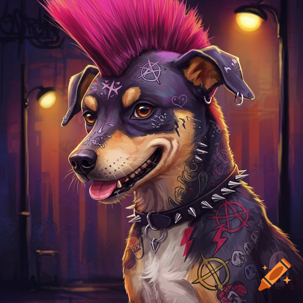 A punk dog with a mohawk and studded jacket standing in a graffiti ...