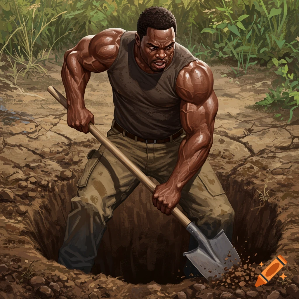 A muscular black man in a tank top and cargo pants digs a hole with a ...