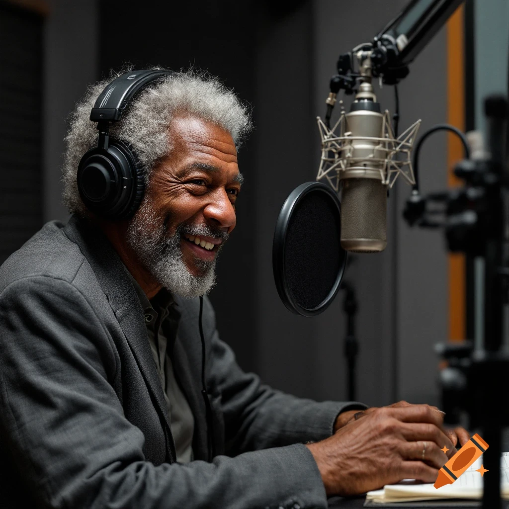 Older man with headphones and microphone in a recording booth, smiling ...