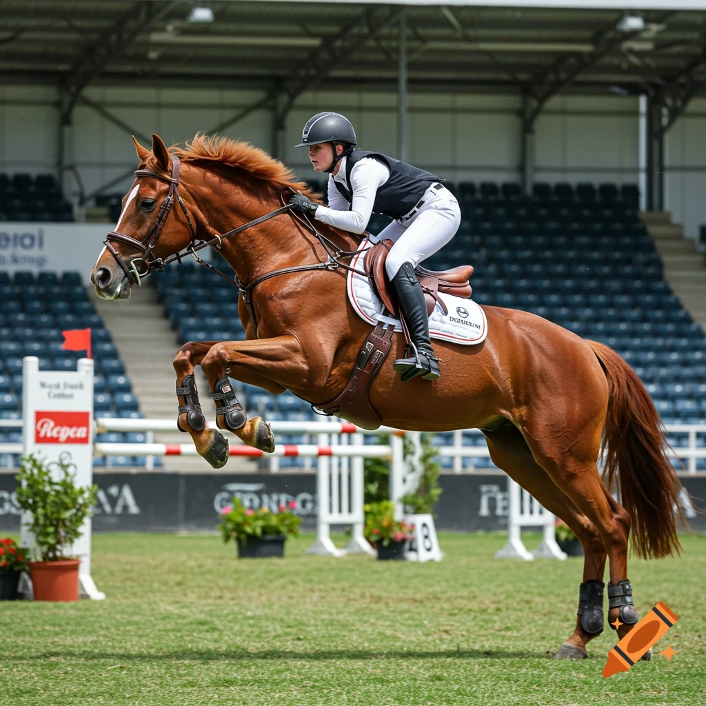 Chestnut horse and rider jumping at the World Equestrian Center on Craiyon