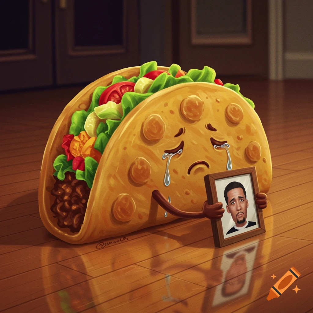 Sad taco crying, holding a picture of Damian's forehead on Craiyon