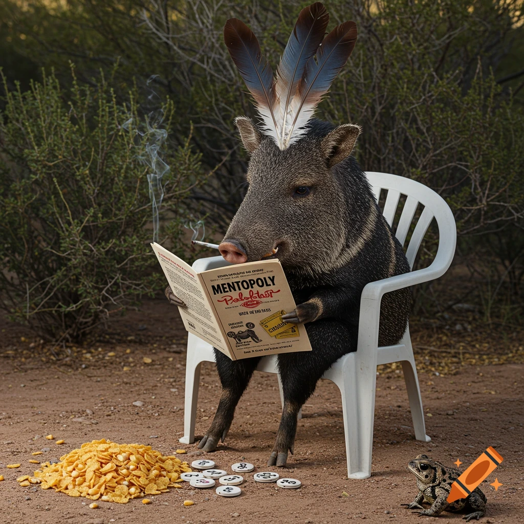 Photograph of a peccary with quail features reading "MENTOPOLY" in a ...