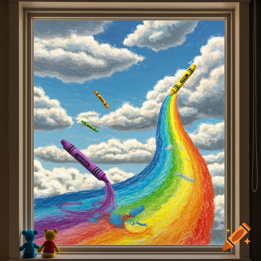 Crayon-style drawing of giant floating crayons drawing rainbow across ...