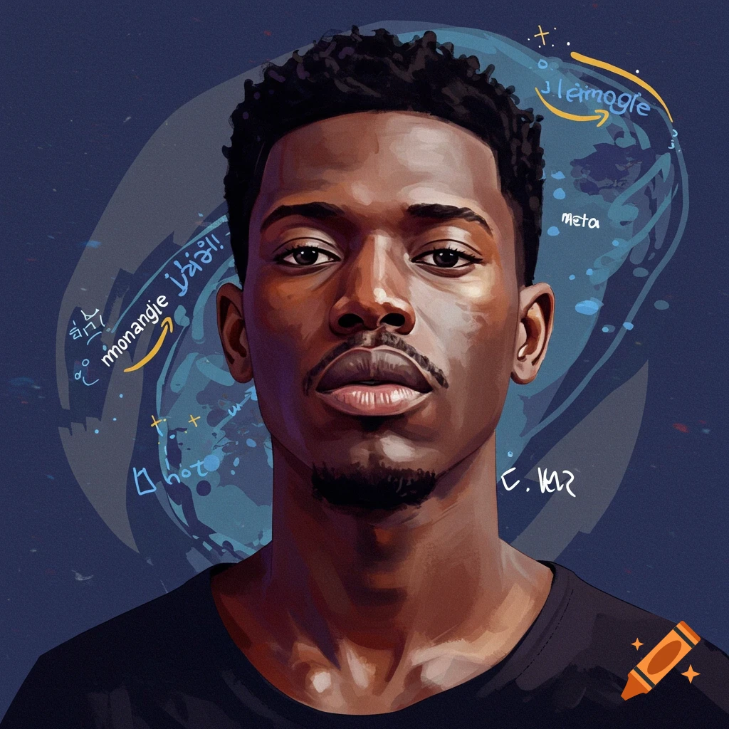 A man's portrait with abstract text elements in the background. on Craiyon