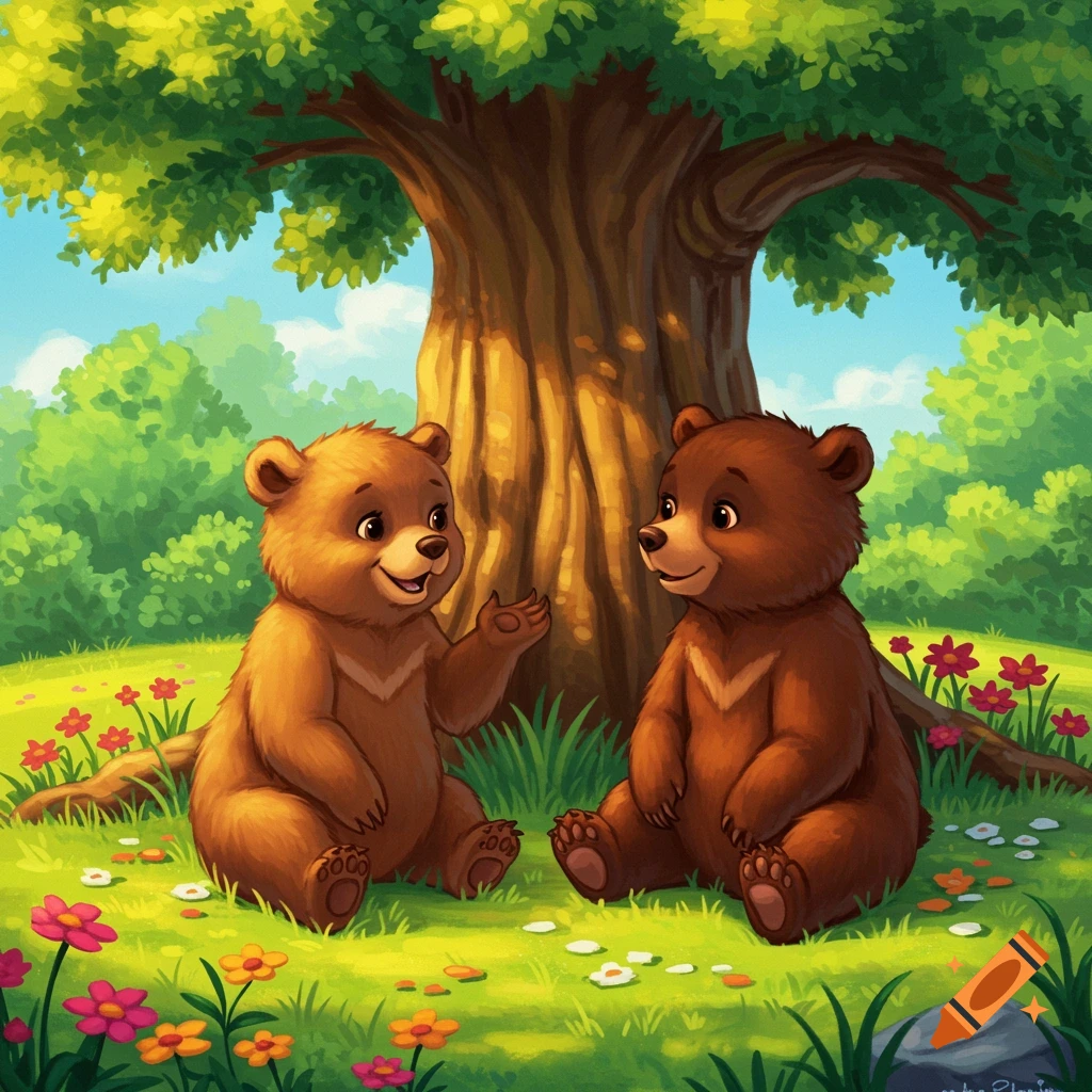 Two baby bears talking in a park on Craiyon