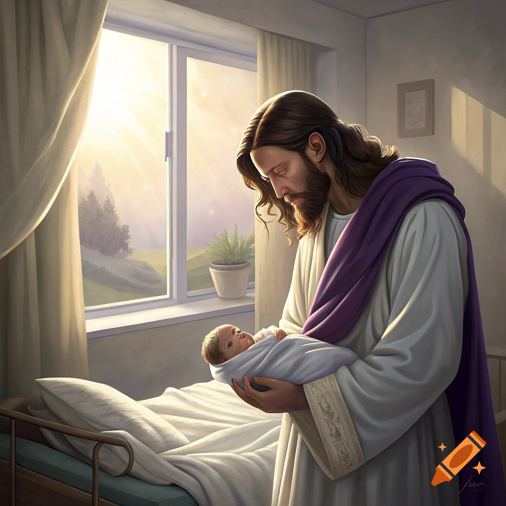 Jesus Christ holding a newborn baby in a hospital room on Craiyon