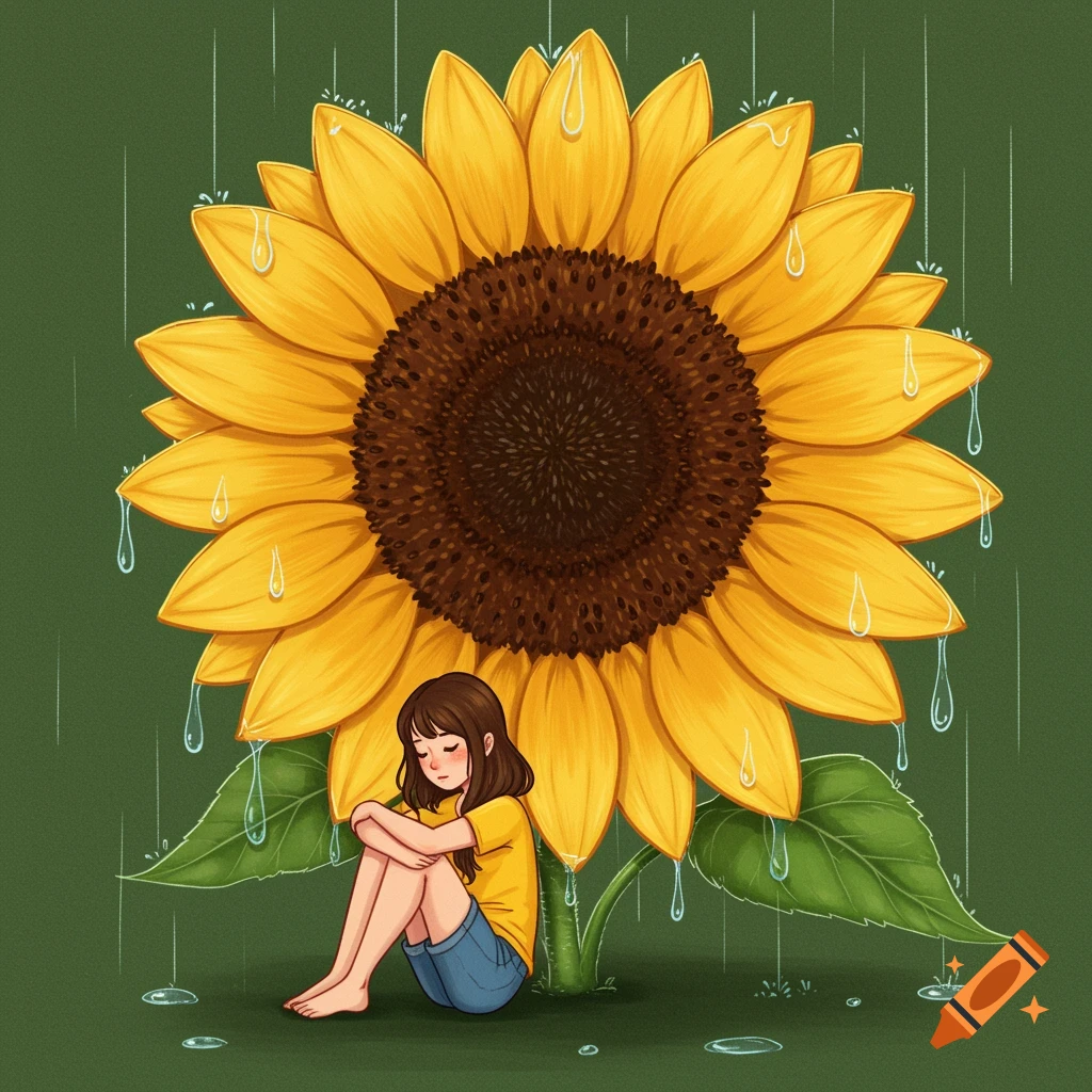 Illustration of a girl under a giant sunflower on Craiyon