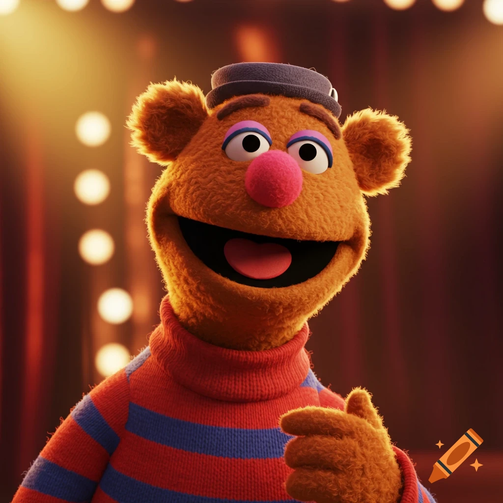 An orange muppet character wearing a striped sweater and hat, smiling ...