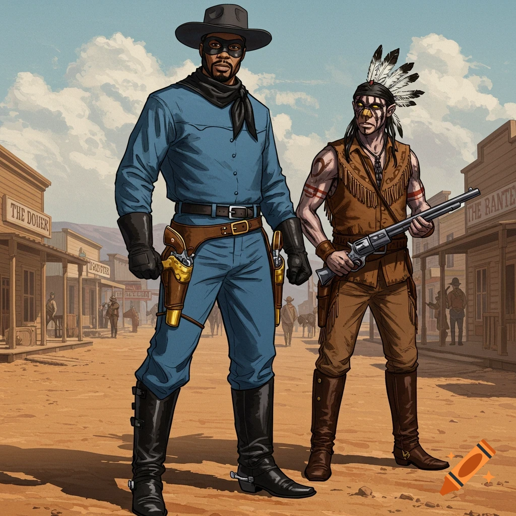 Black man as Lone Ranger with Tonto in Western town on Craiyon