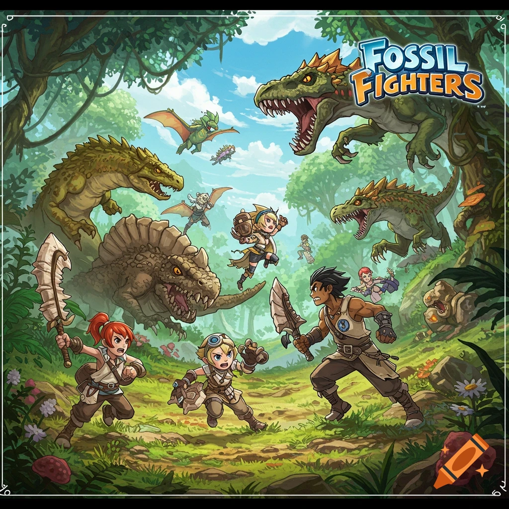 Cartoon adventurers battle dinosaurs in a forest, with the game title ...