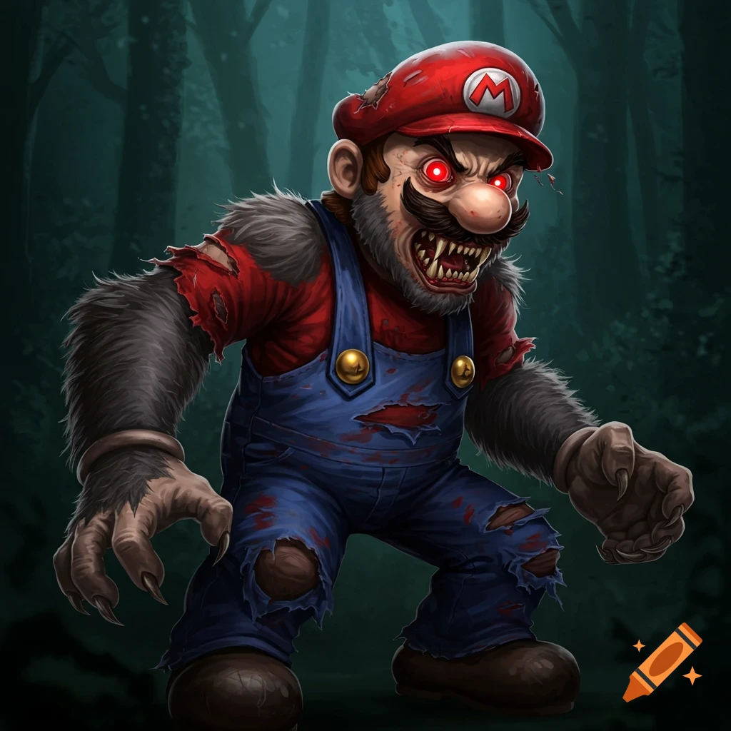 Mario as a werewolf with glowing red eyes standing in a dark forest. on ...