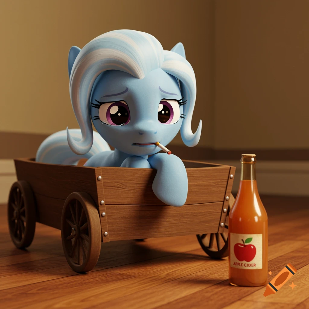 Trixie from MLP blushing, with a cigarette and apple cider on Craiyon