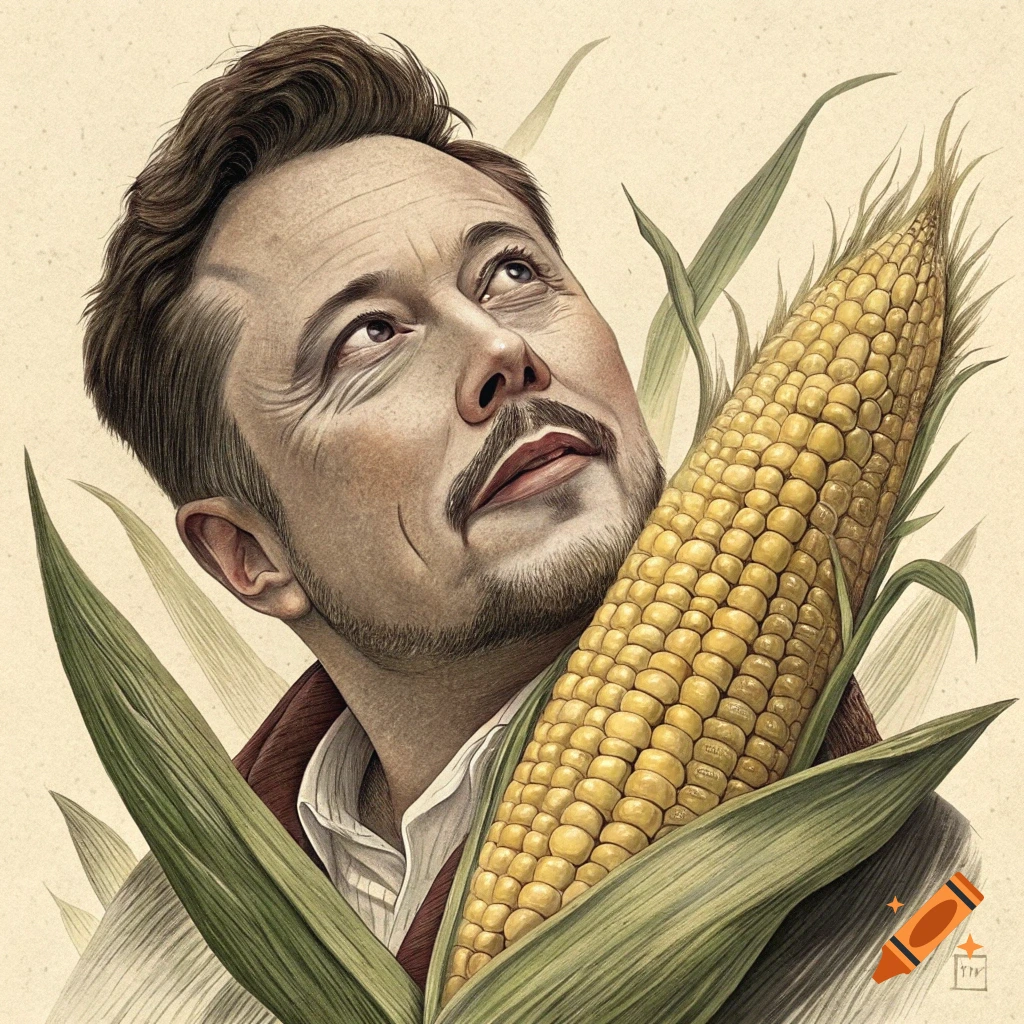Illustration of Elon Musk fused with a large corn cob, surrounded by ...