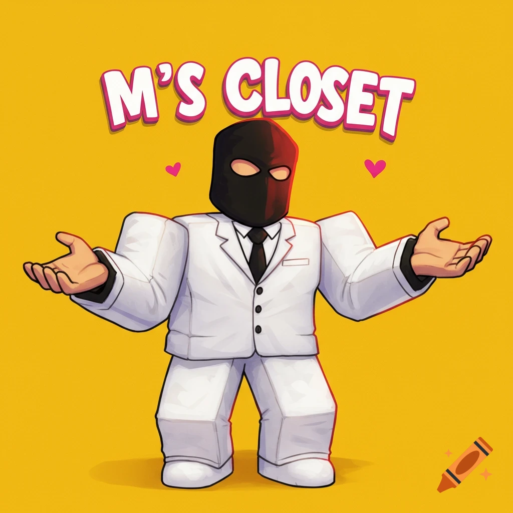 Roblox character in suit and ski mask holding M's Closet text above ...