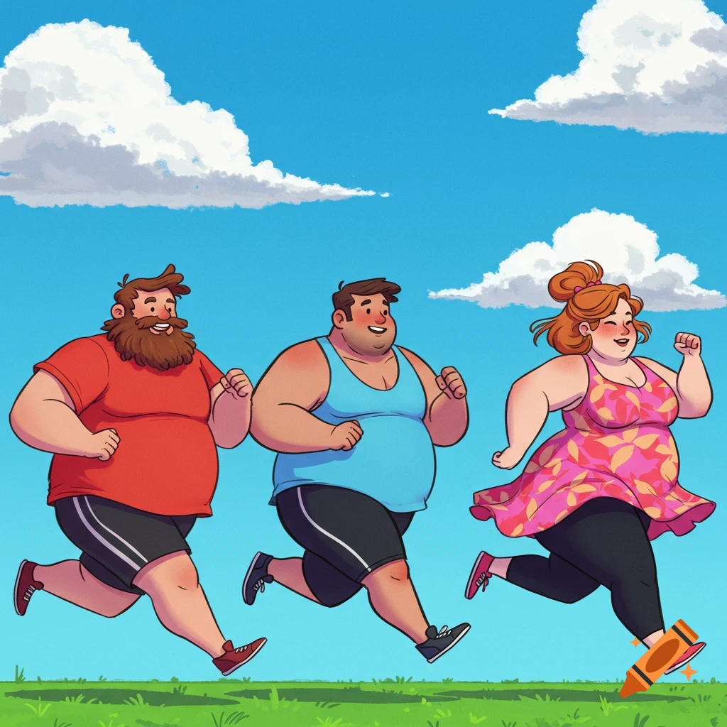 Cartoon of three happy fat people running outdoors. on Craiyon