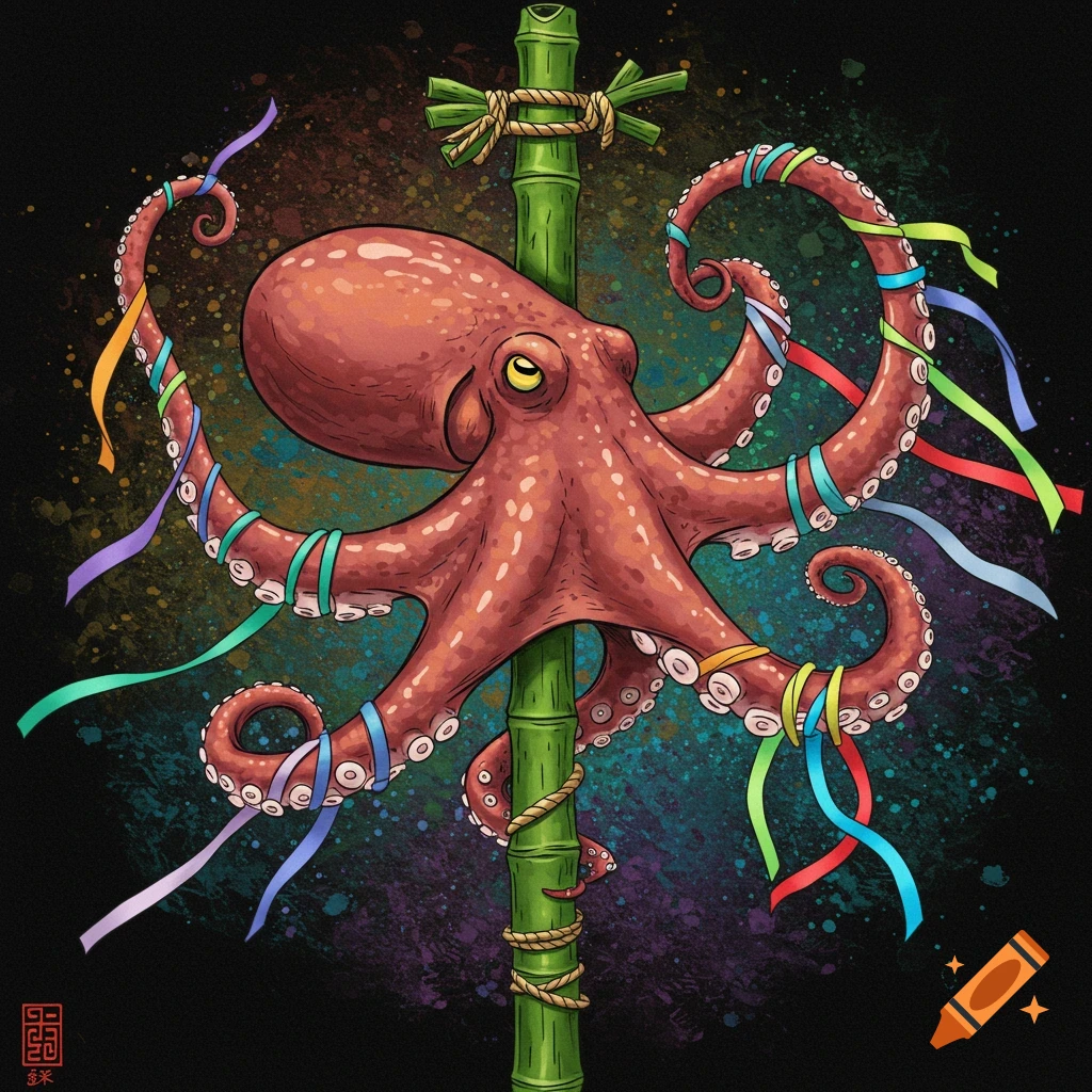 An octopus holding onto a bamboo pole with colorful ribbons wrapped ...