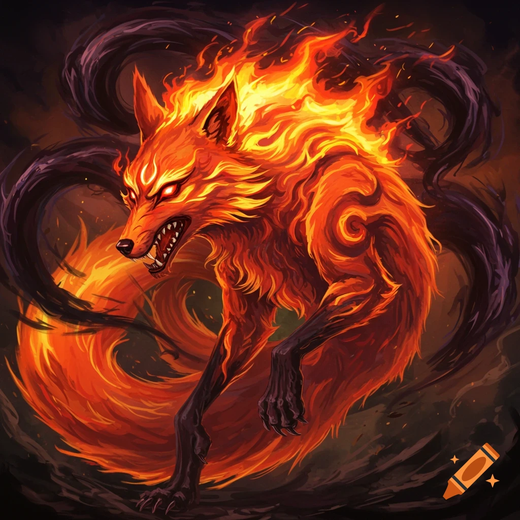 Kitsune with venom aura, lava fur, red eyes, and white tail tip on Craiyon