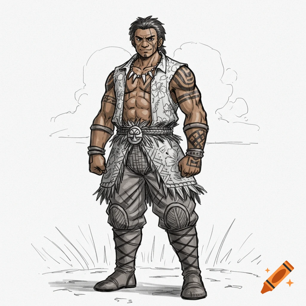 A male character in a crude pencil sketch style, wearing Polynesian ...
