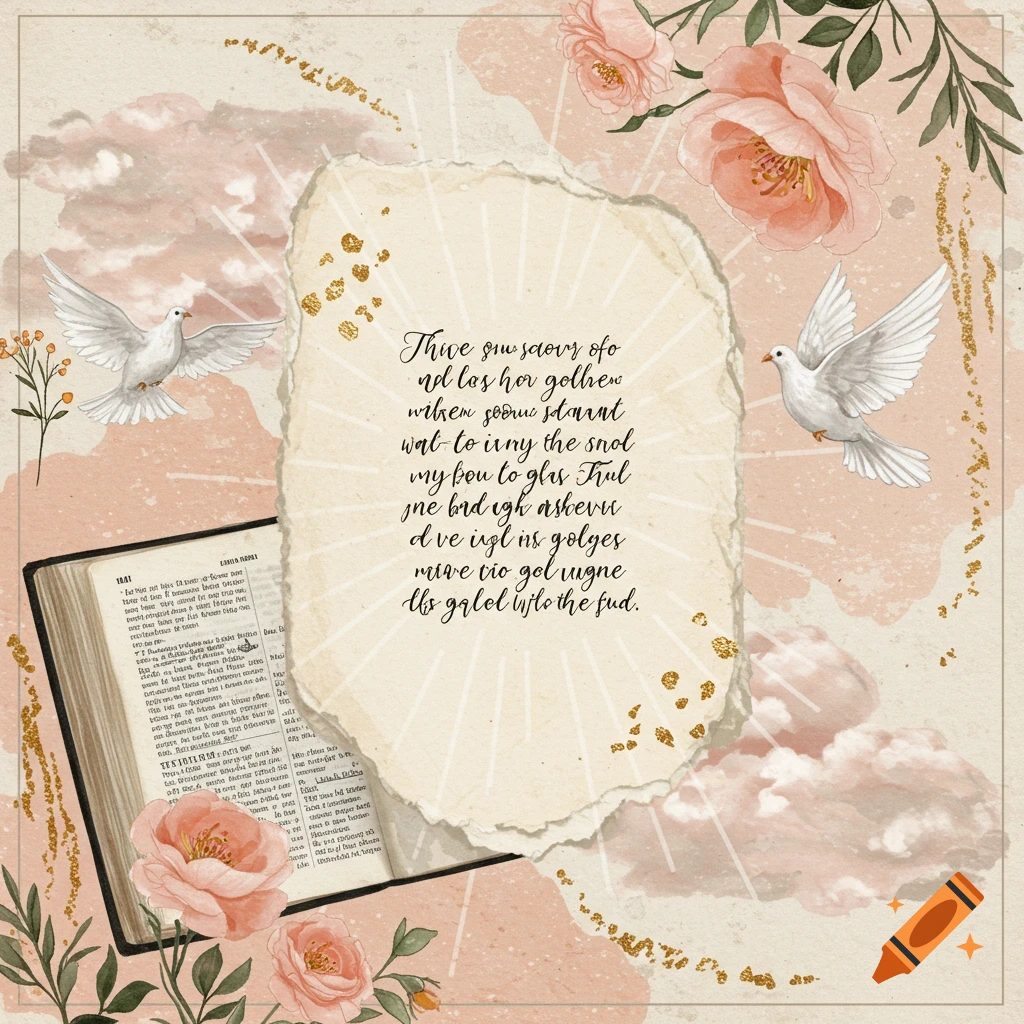 Collage of Bible verse, watercolor flowers, doves, and pastel clouds ...