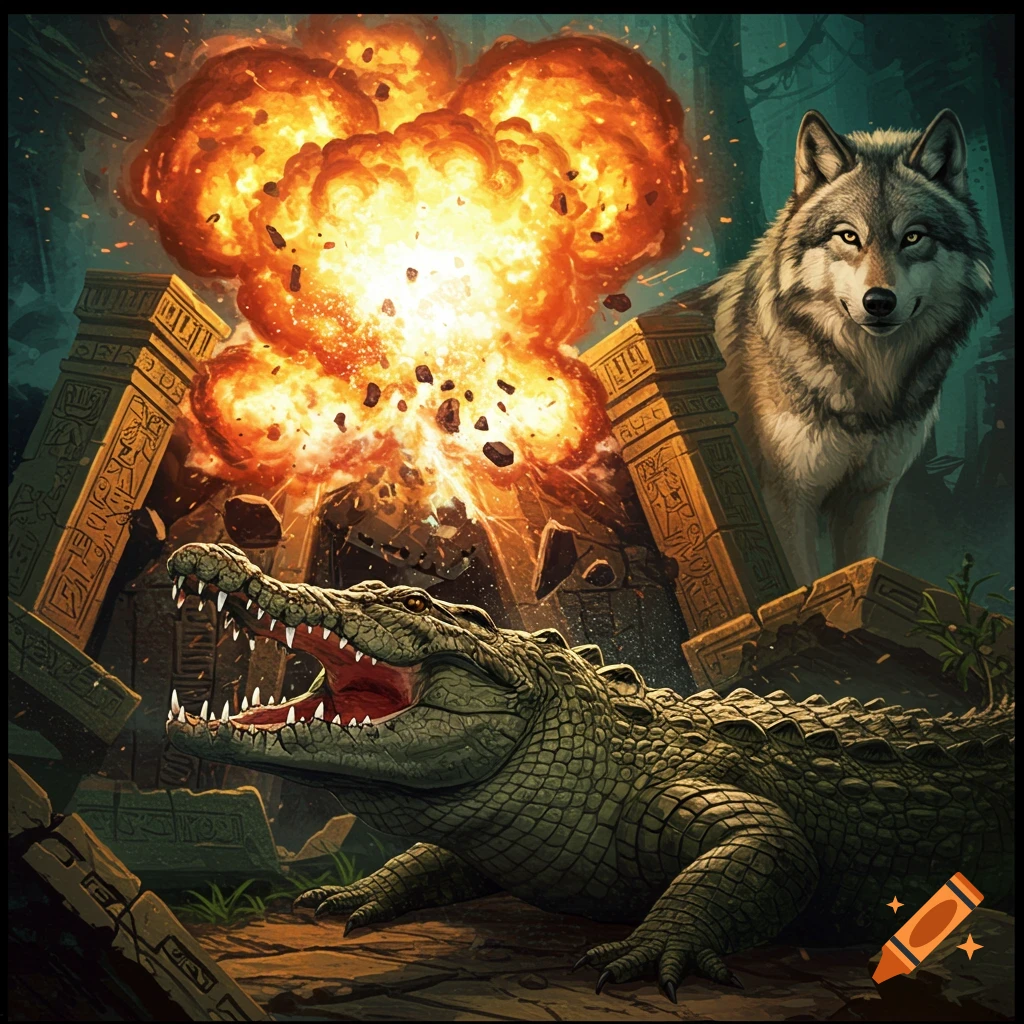 A crocodile, explosion, and wolf in jungle ruins. on Craiyon