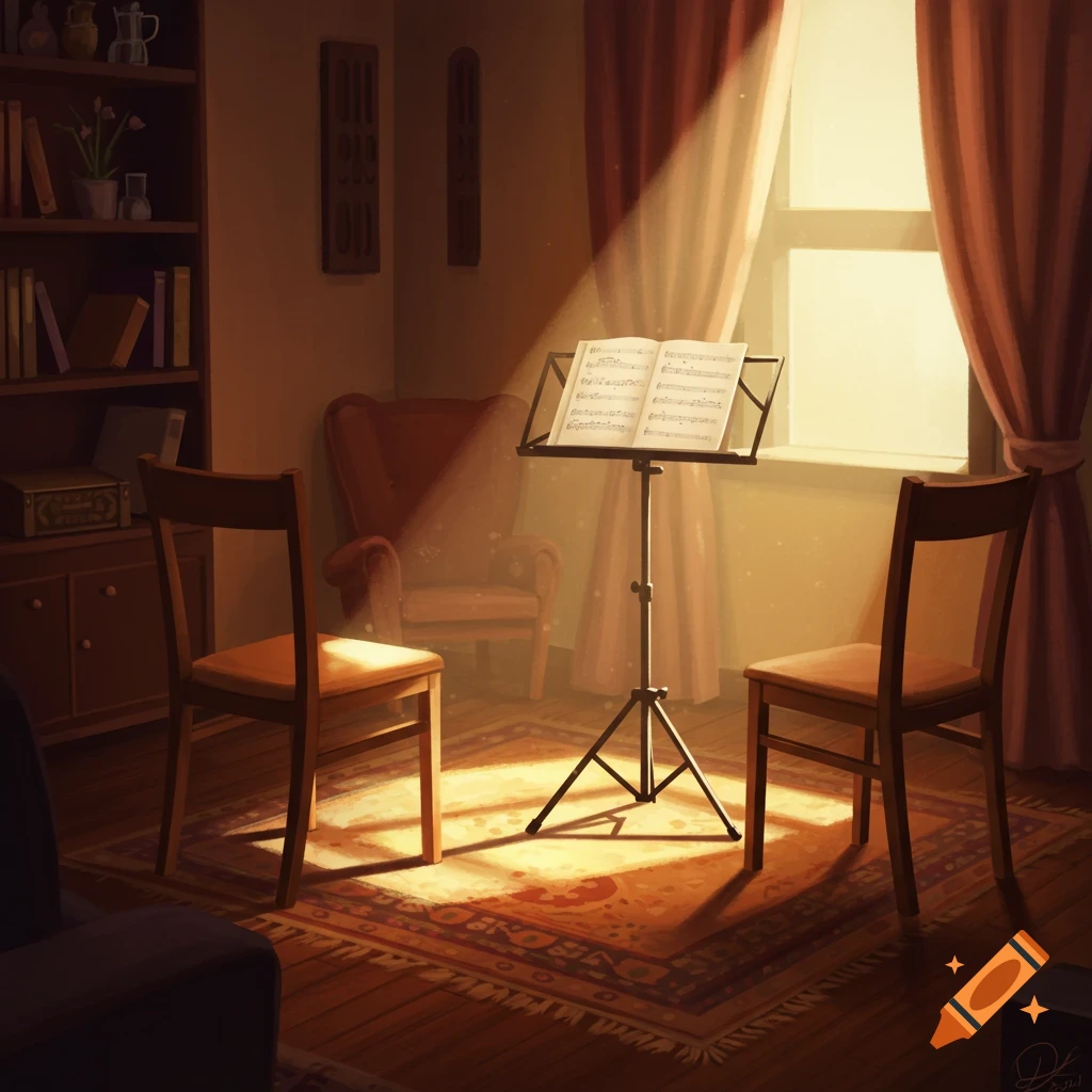 Cozy room setup for a music lesson with two chairs and a music stand on ...