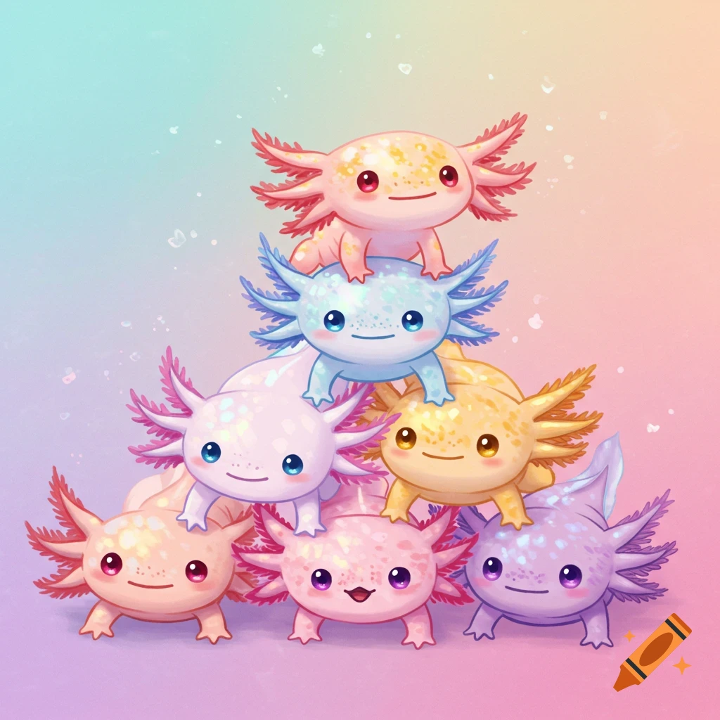 A pyramid stack of six colorful, cute axolotls. on Craiyon