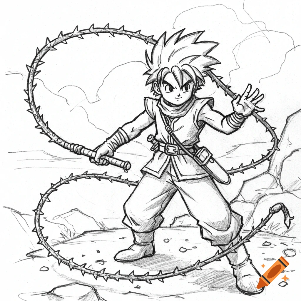 Dragon Quest style sketch of a young man with a whip on Craiyon