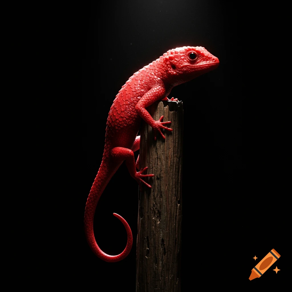 Red lizard from Rain World on a pole, black background on Craiyon