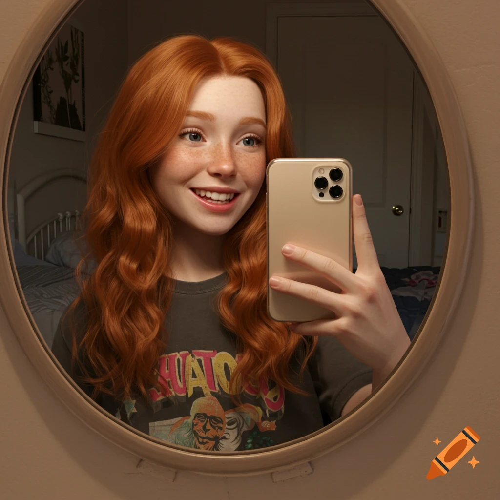 Mirror selfie of a ginger girl, realistic style like a Snapchat picture ...