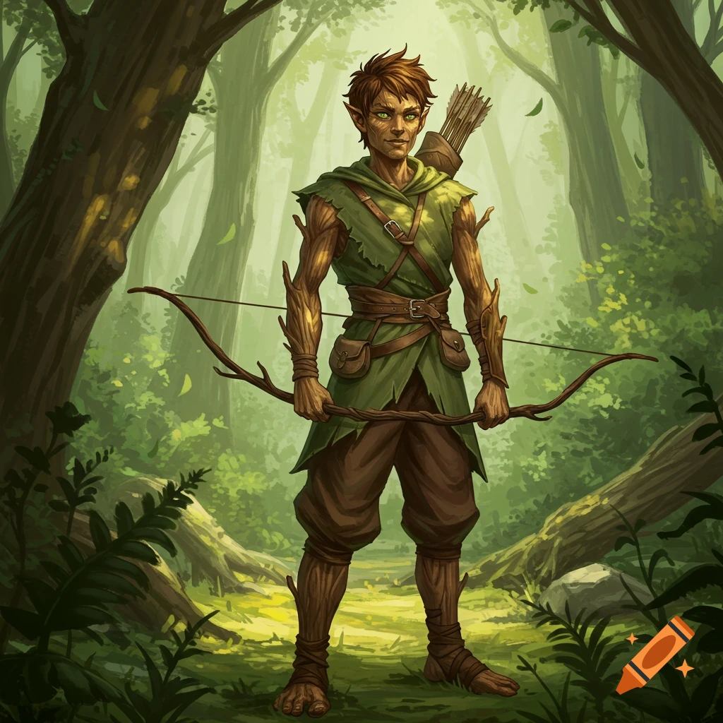 A wood elf ranger with wood-like skin stands in a forest, holding a bow ...