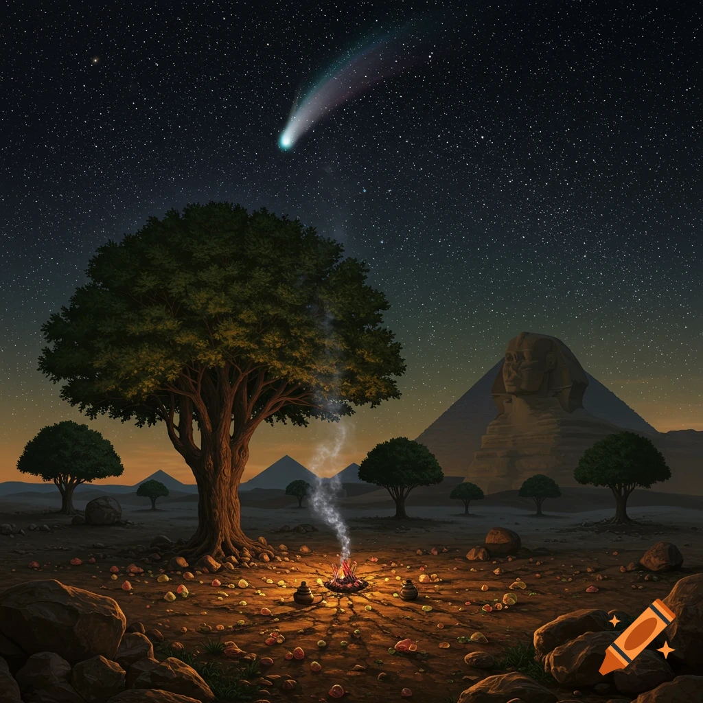 A Sphinx in a desert landscape under a starry night sky with a bright ...