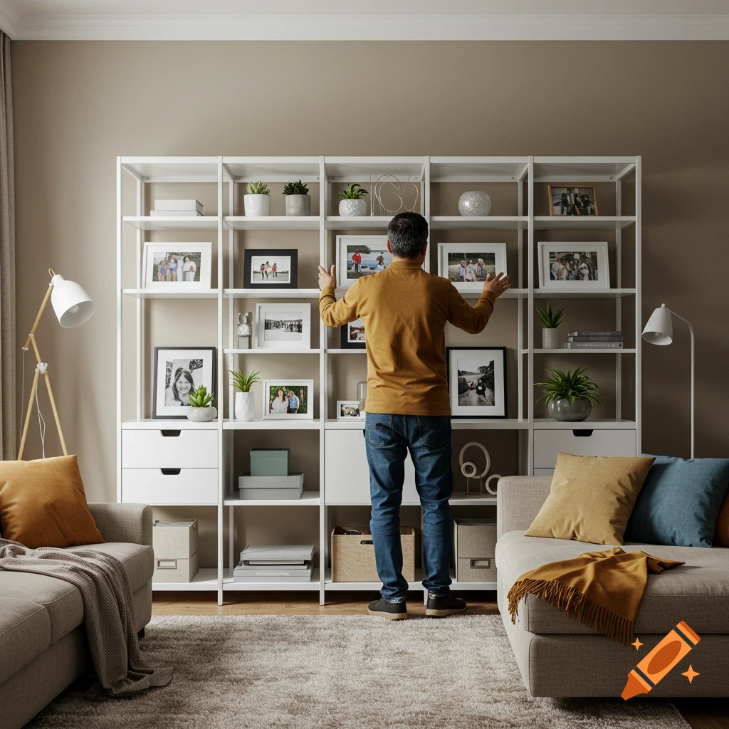 Person arranging customized IKEA shelving unit on Craiyon