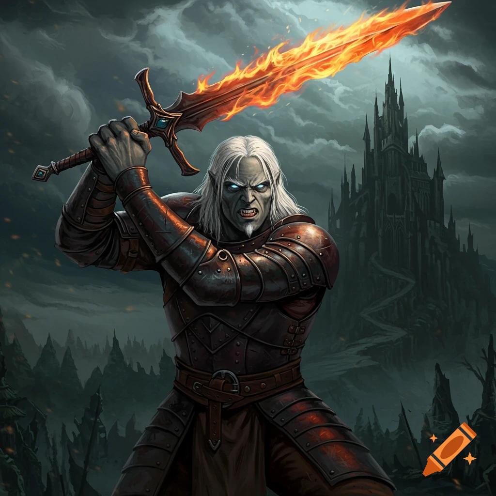 Fantasy movie poster of a gray-skinned warrior with a flaming sword and ...