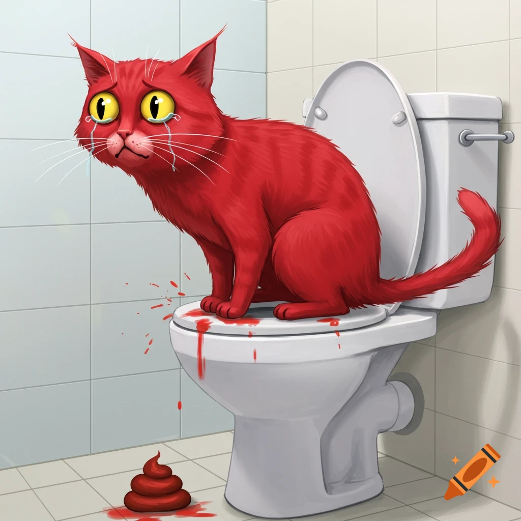 A crying red cat is sitting on a toilet with red blood splatters and ...
