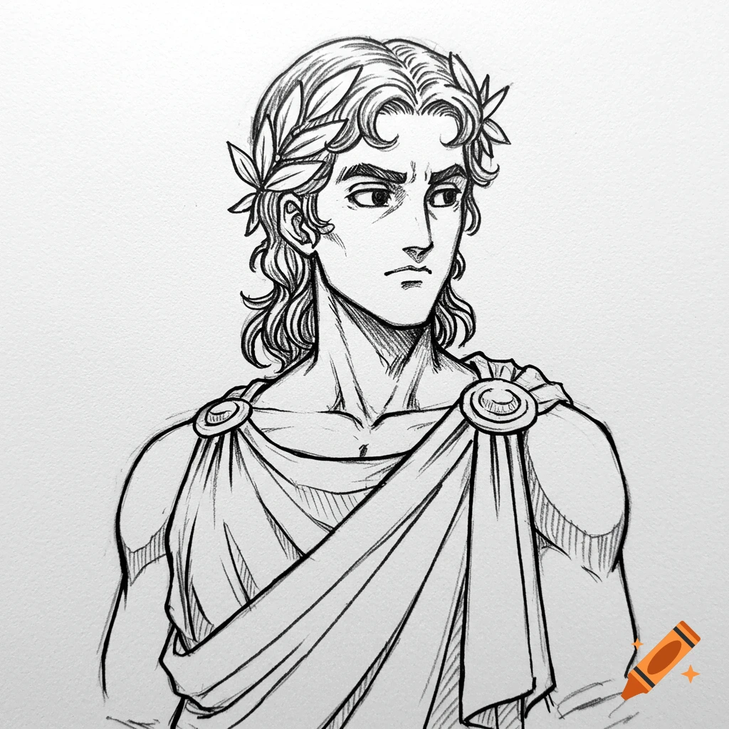 Dragon Quest style pencil sketch of a man with laurel hair in a toga on ...
