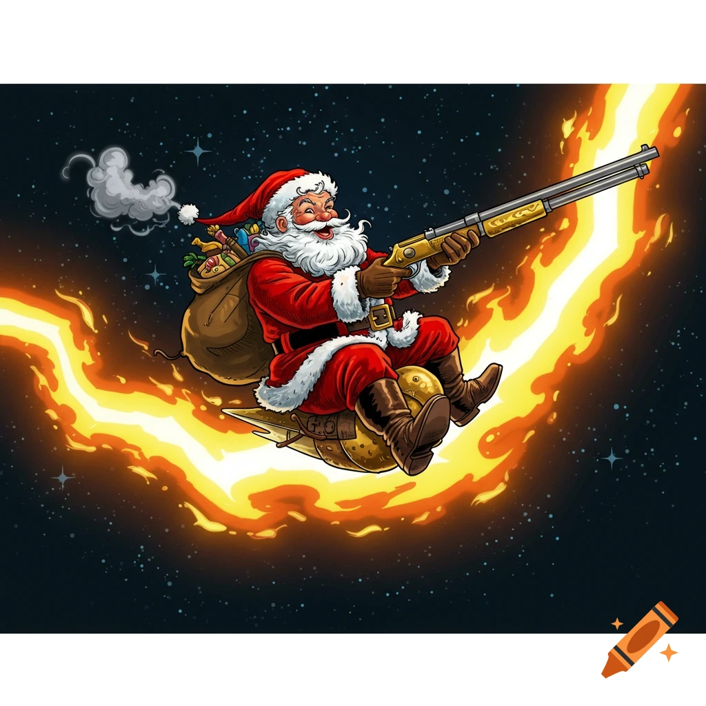 Santa Claus riding a lightning bolt with a rifle on Craiyon