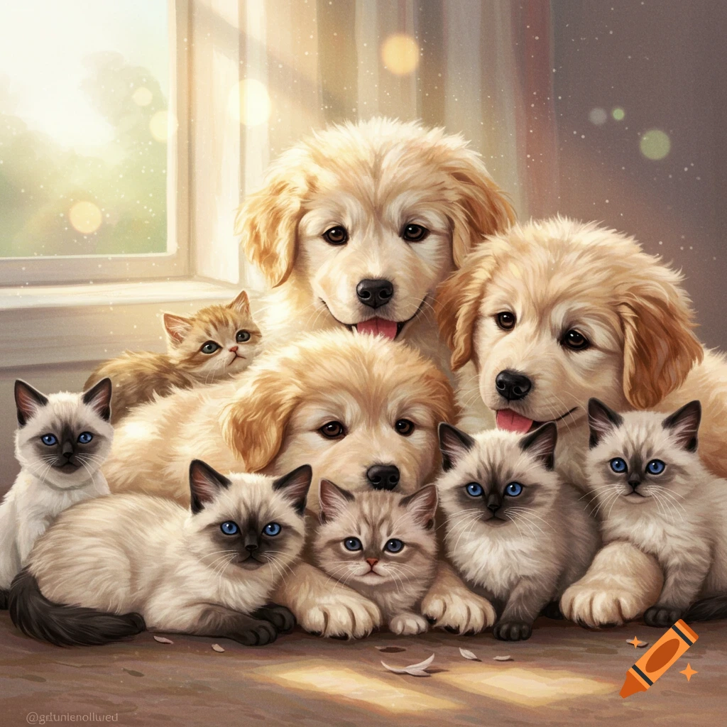 Fluffy puppies and kittens cuddle puddle on Craiyon