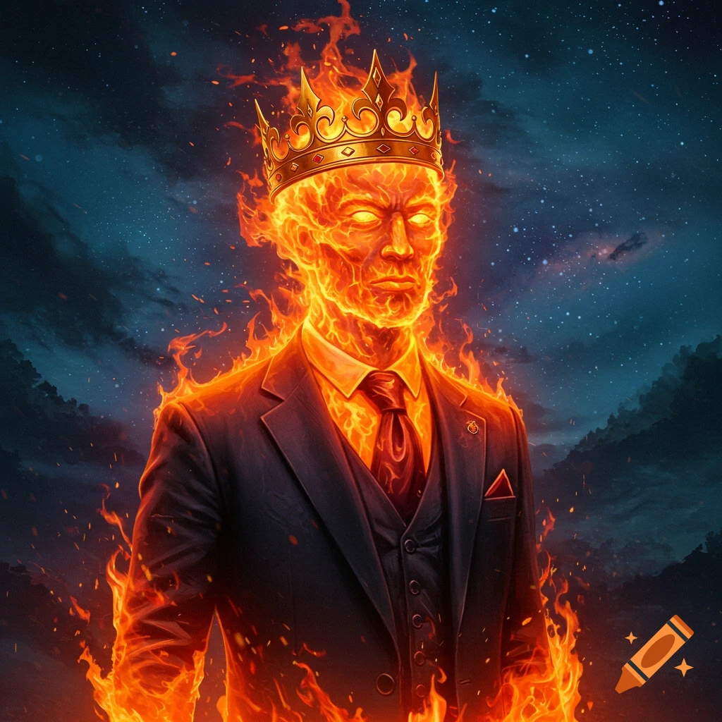 Man made of fire wearing a suit, tie, and crown on Craiyon
