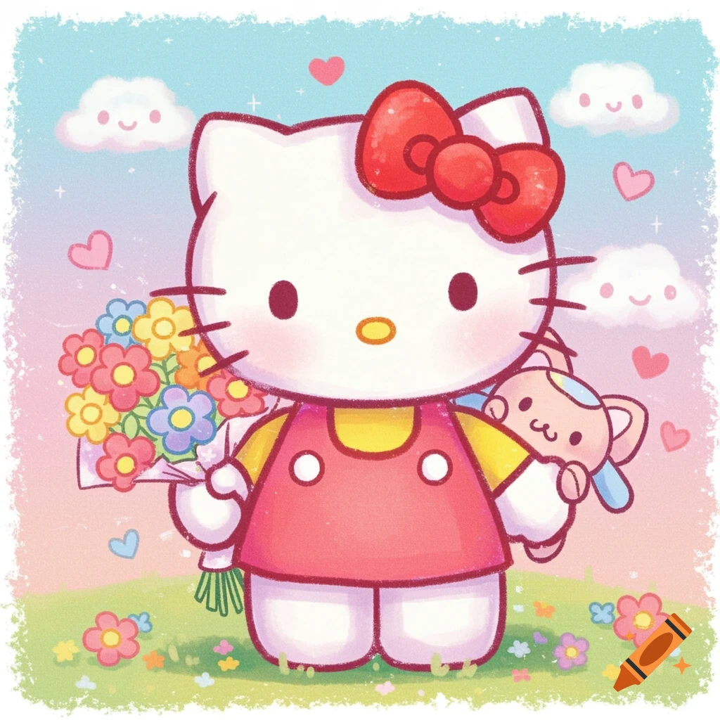 Hello Kitty holding a bouquet and a toy in a pastel whimsical ...