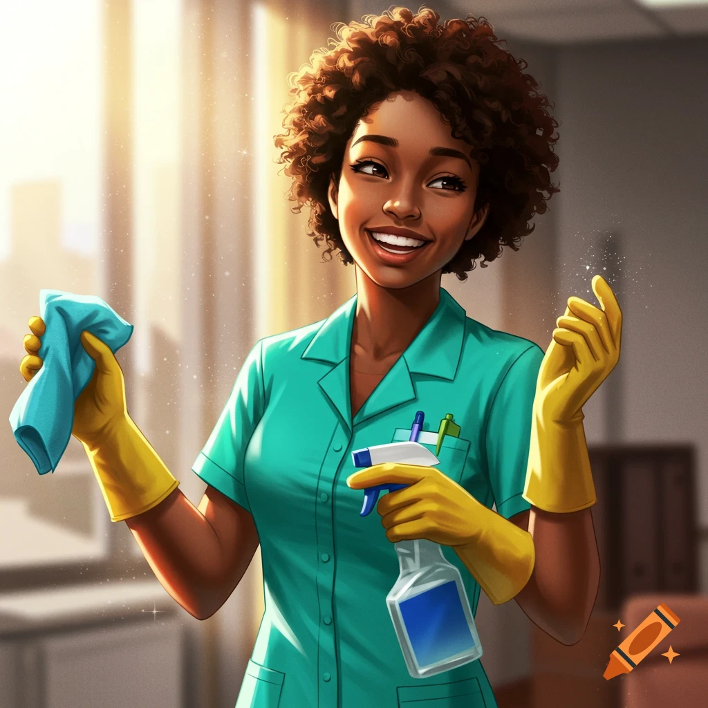 Cleaning lady with a spray bottle and cloth. on Craiyon