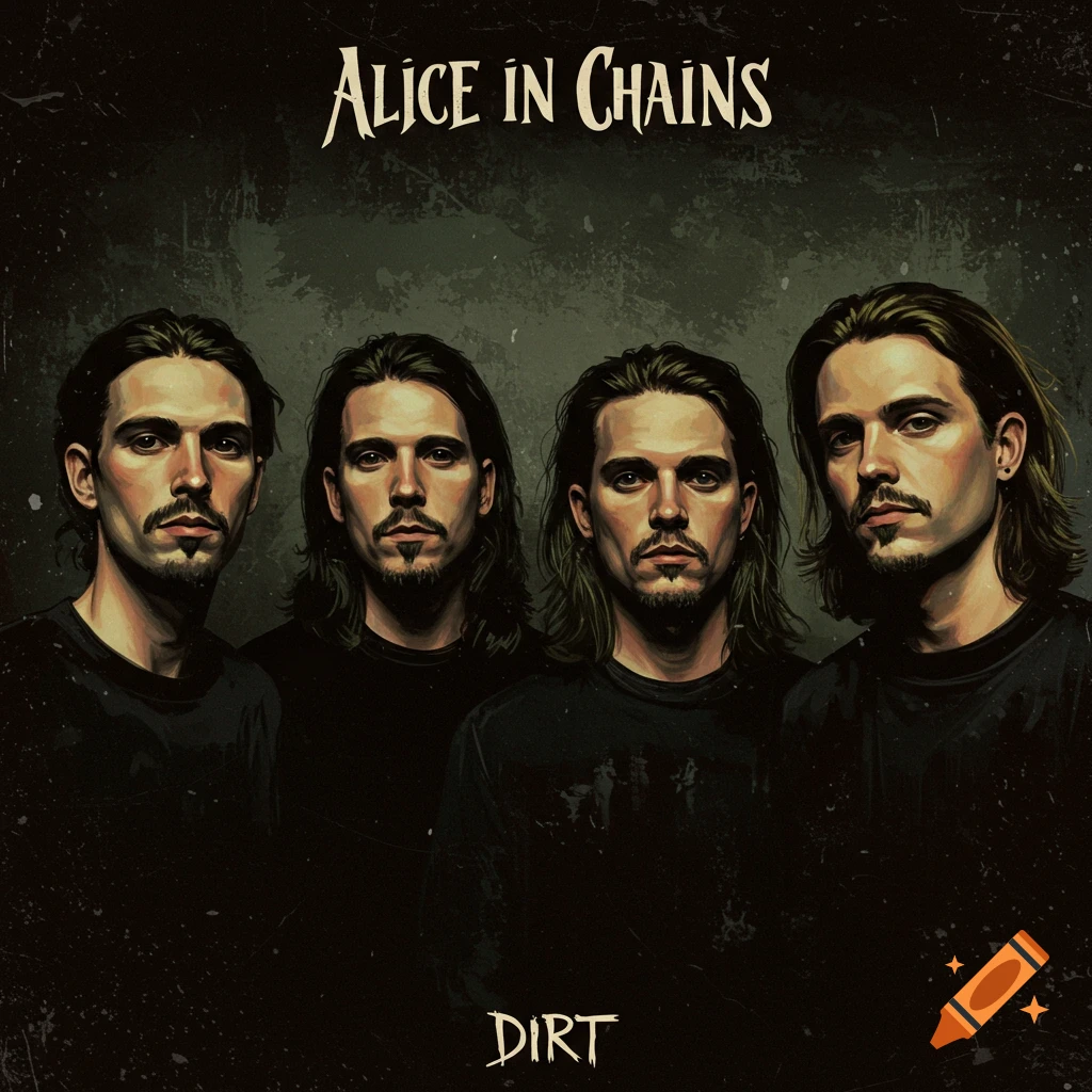 Four men with long hair, text Alice in Chains and Dirt album title. on Craiyon