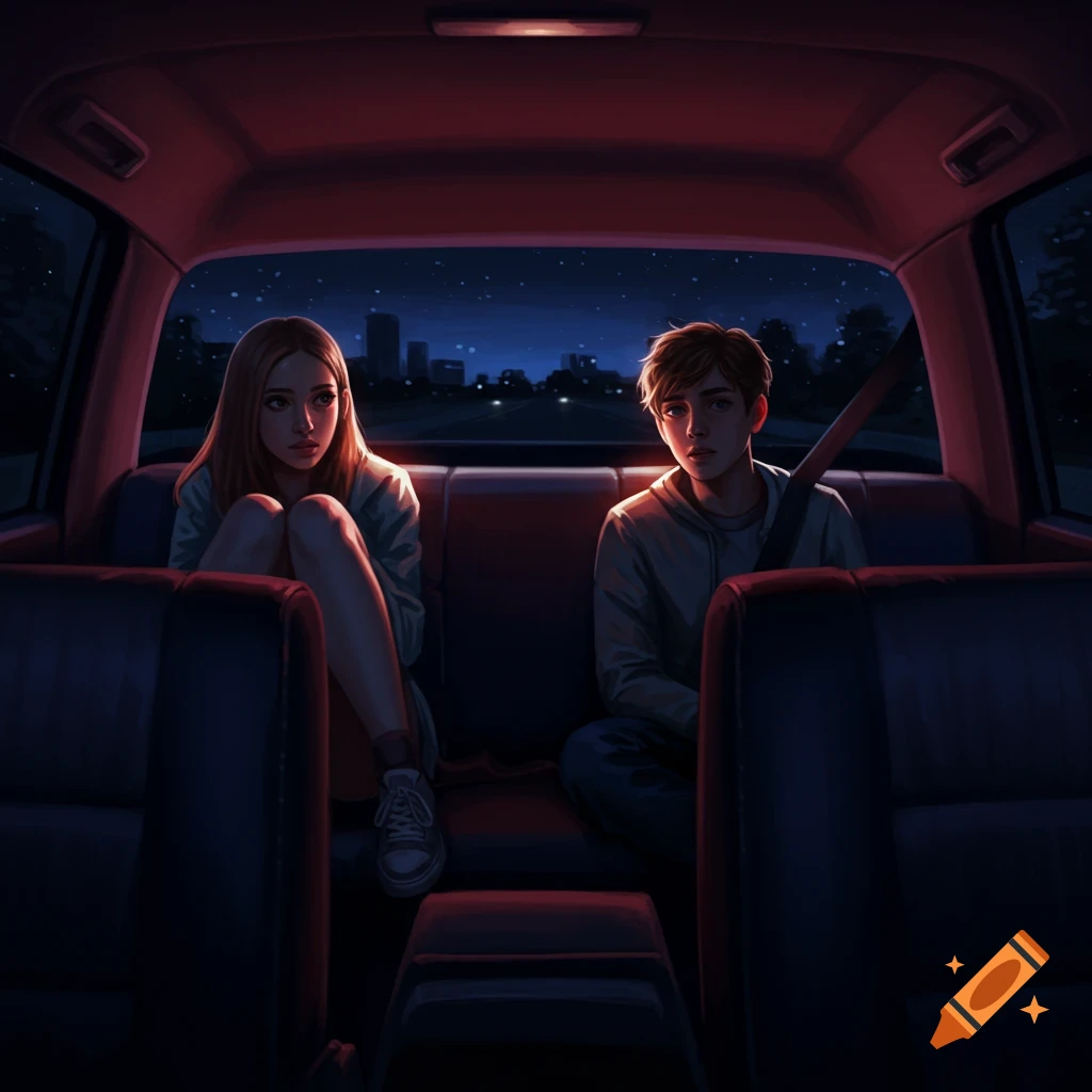 Girl and boy in car at night on Craiyon