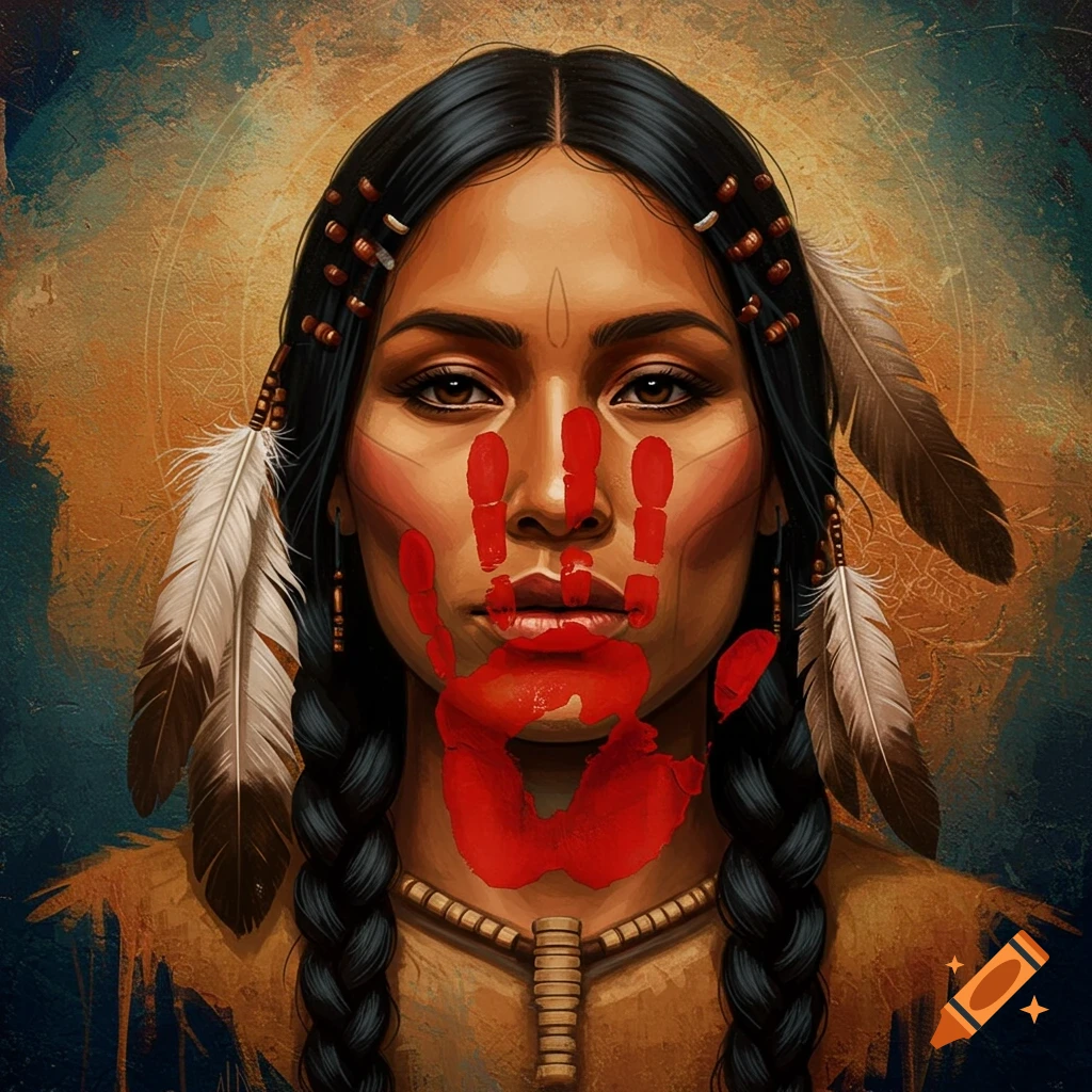 Native American woman with red handprint on mouth on Craiyon