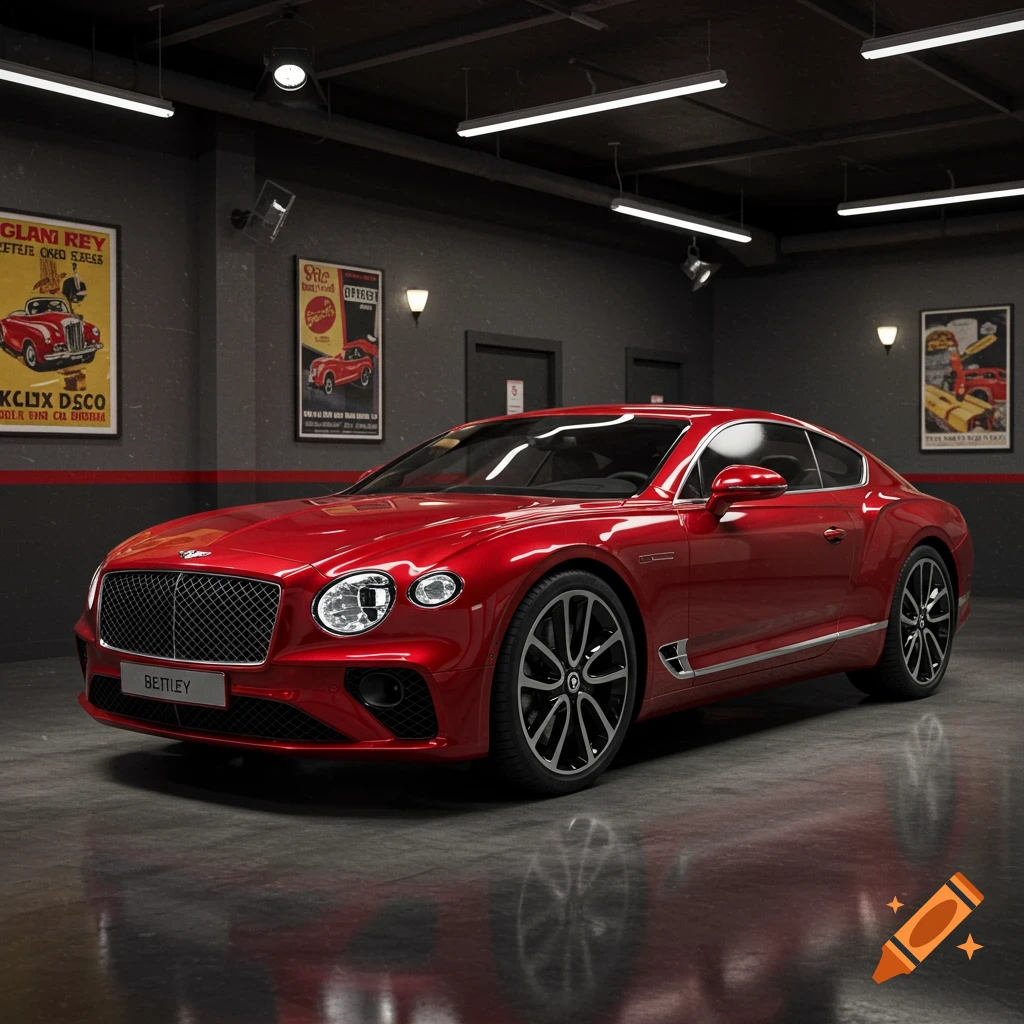 Red Bentley GT in a garage on Craiyon