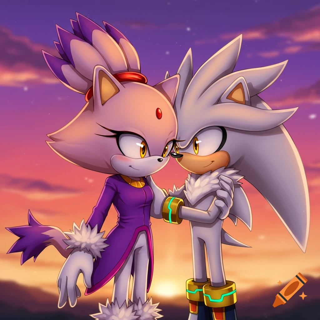 Blaze the Cat and Silver the Hedgehog looking at each other at sunset on Craiyon