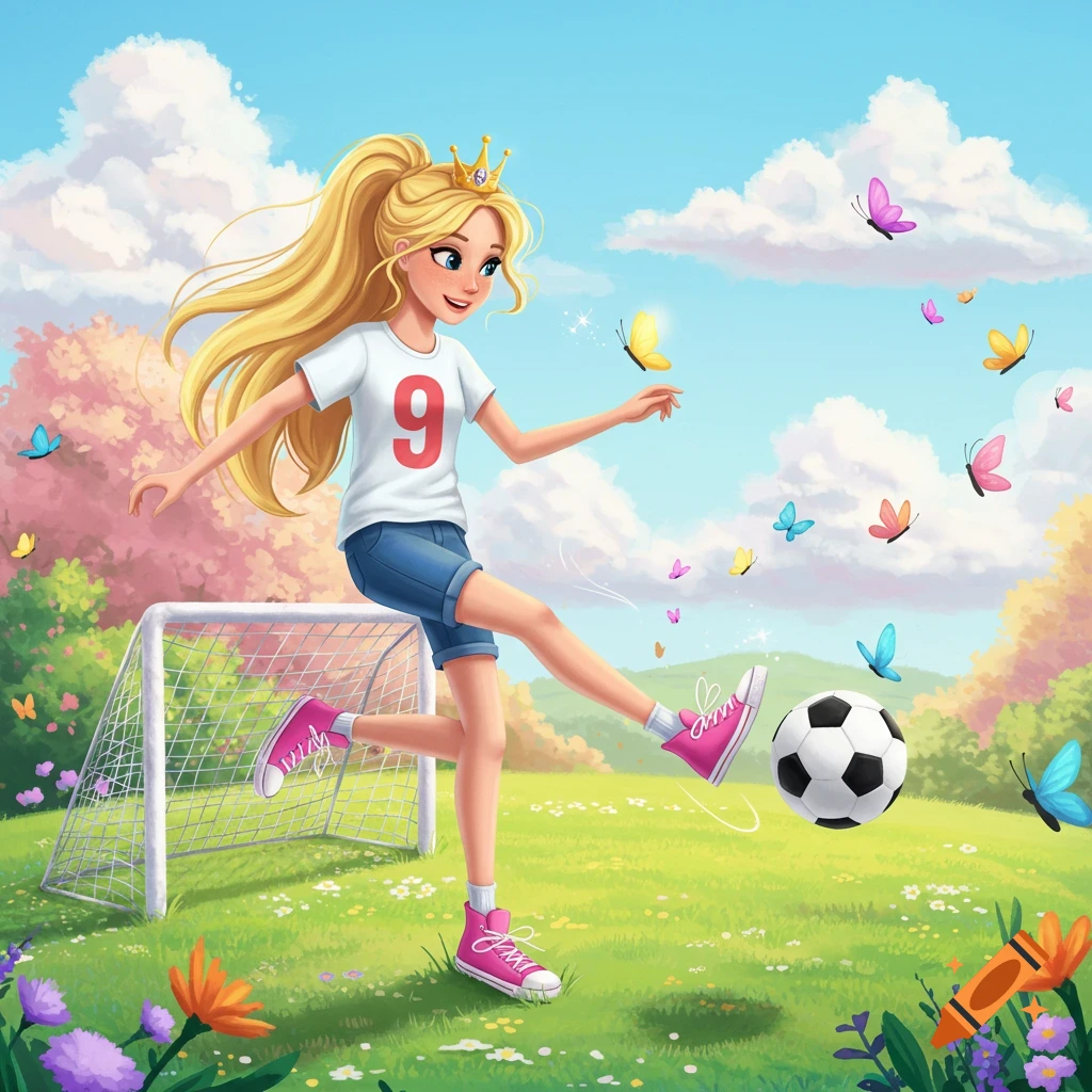 Little girl playing soccer on Craiyon